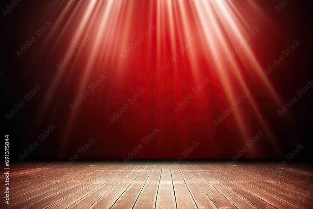 empty stage room with red curtains and spotlights, A vibrant stage with ...