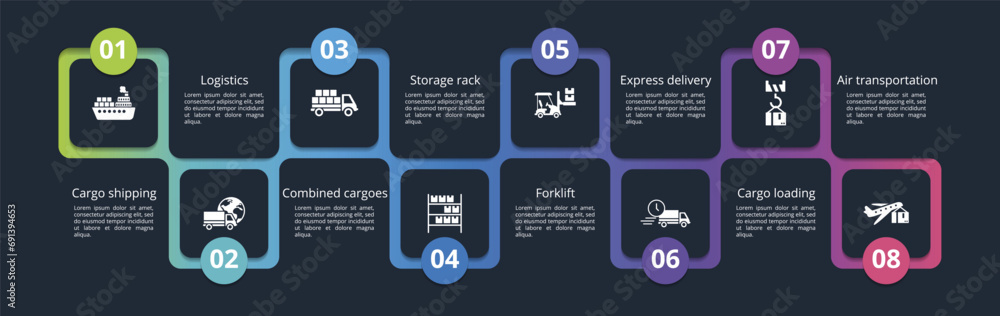 Infographics with Cargo theme icons, 10 steps. Such as cargo shipping ...
