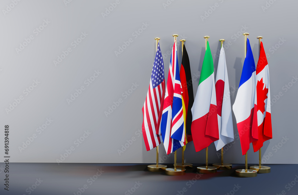 G7 summit. flags of members of G7 group of seven and list of countries ...