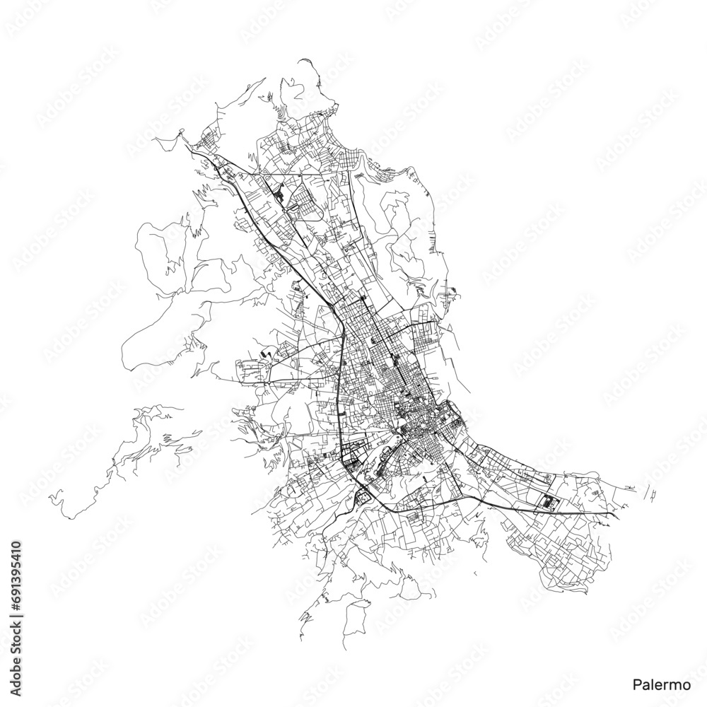 Palermo city map with roads and streets, Italy. Vector outline ...