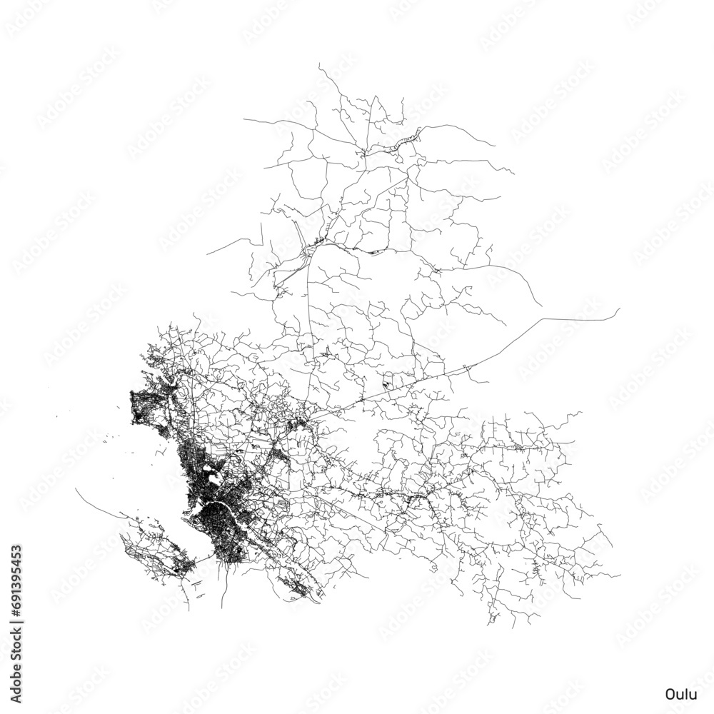 Oulu city map with roads and streets, Finland. Vector outline ...