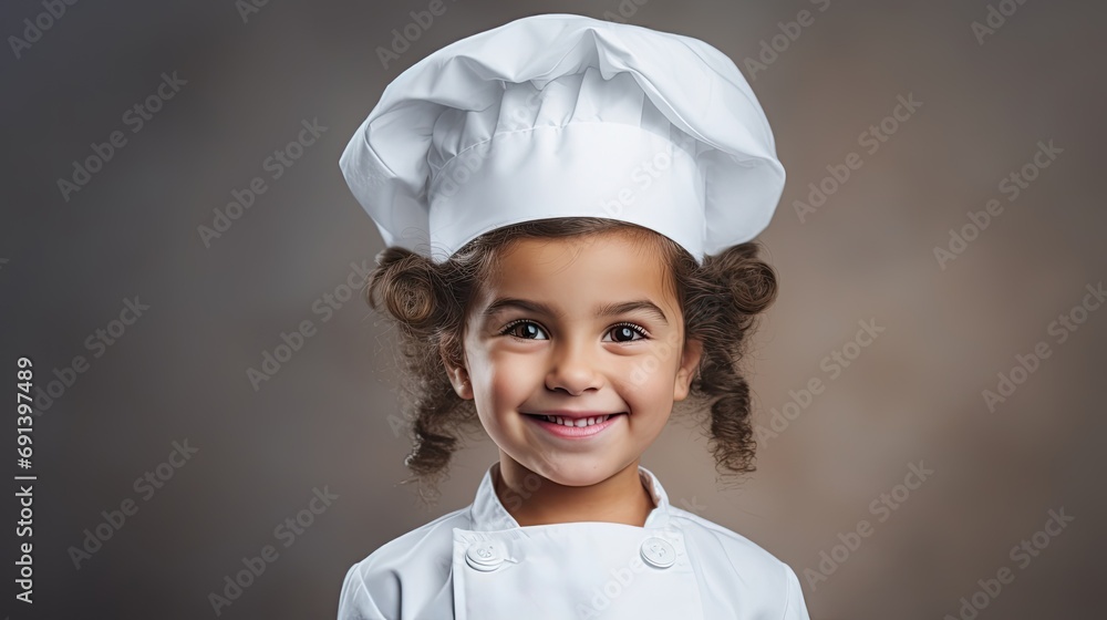 young kid dressed as a chef with a white chefs hat on a plain studio ...