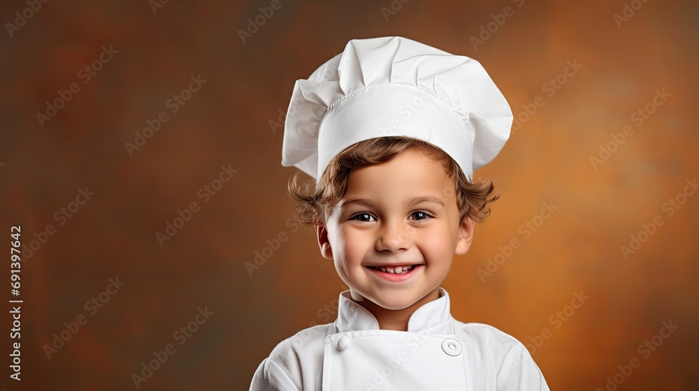 young kid dressed as a chef with a white chefs hat on a plain studio ...