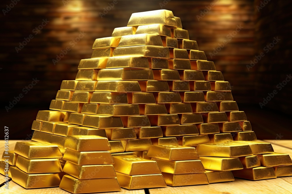 A large stack of gold bars stacked on top of each other in the shape of ...