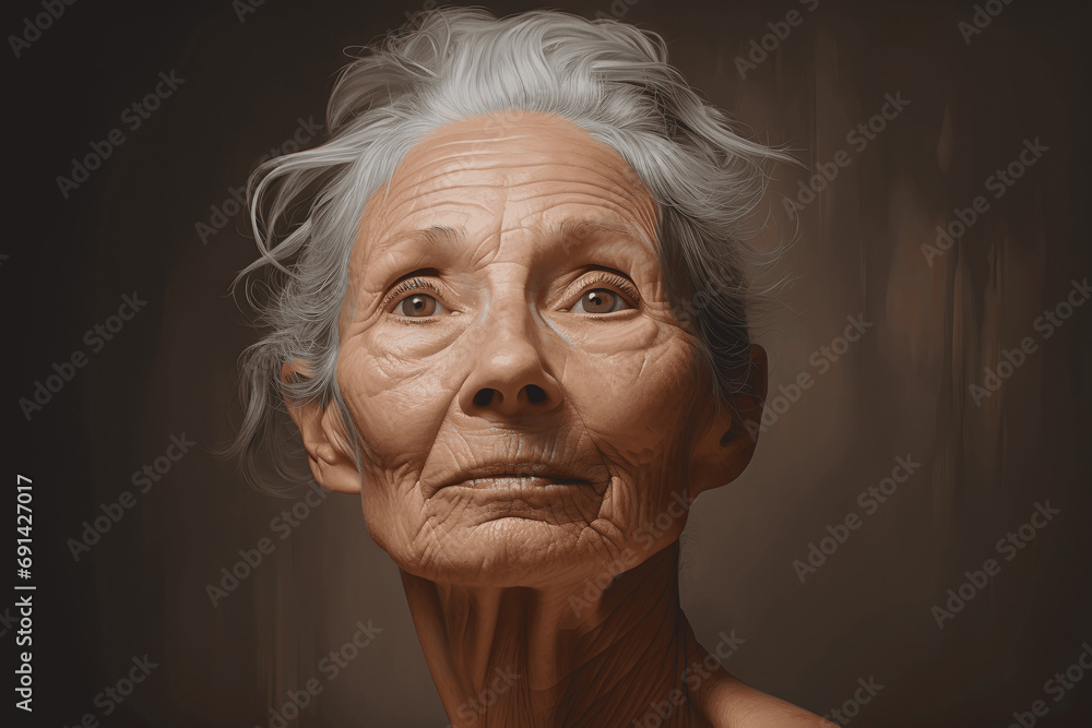 Looking Ahead: Portrait of an Elderly Woman Gazing Forward Against a ...