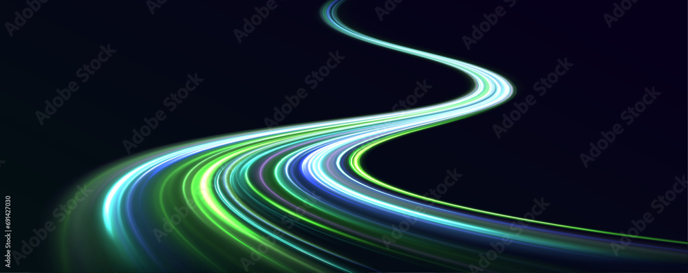 Acceleration speed motion on night road. Laser beams luminous abstract ...