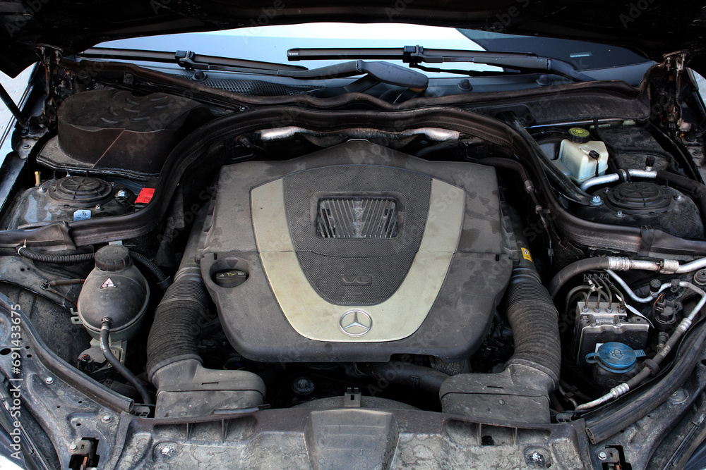 Vinnytsia, Ukraine; June 20, 2023. Mercedes-Benz E350 engine. Mercedes ...