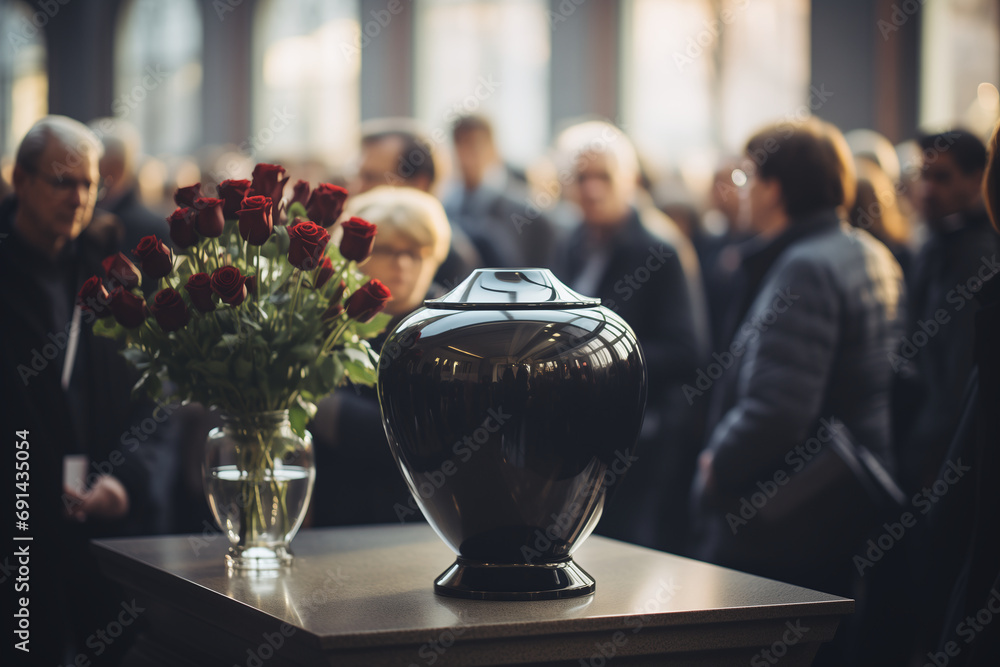 A Funeral urn with ash stands with flowers in a cemetery chapel just ...