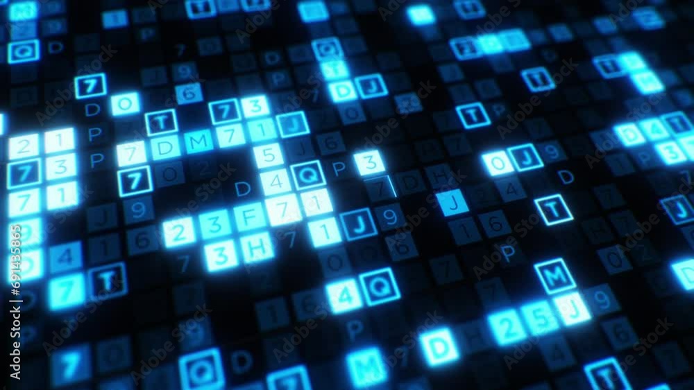 Digital Code on Screen Seamless. Beautiful Symbols Grid Flickering and Glowing Blue Color ...