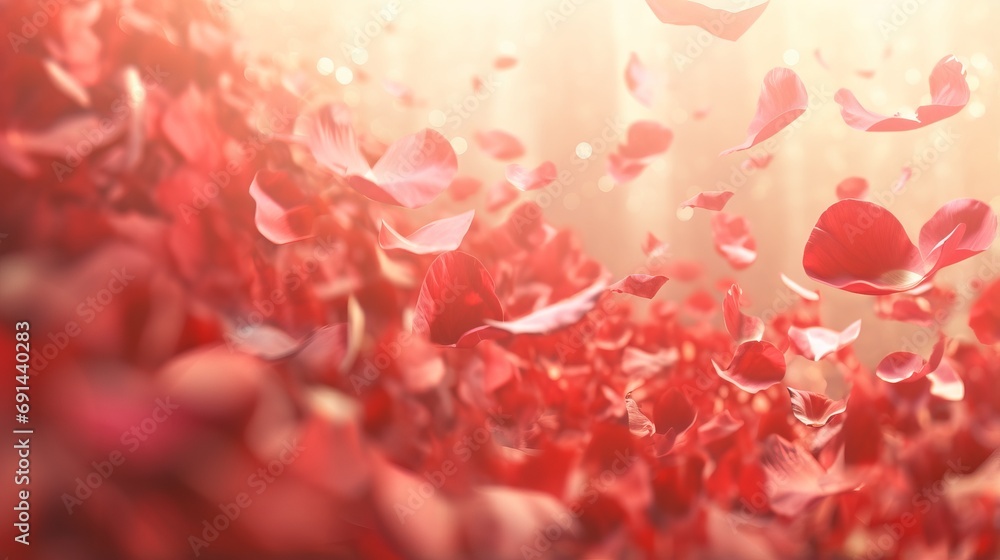 Red rose petals gently falling in soft sunlight, fragile feminine ...
