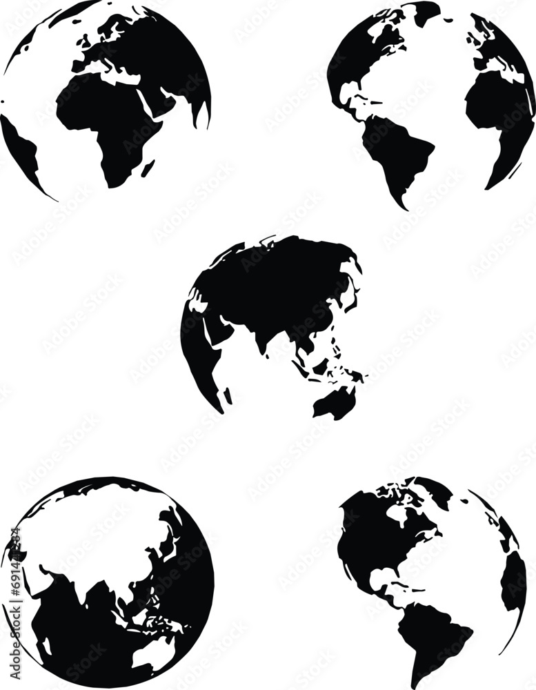 Set of transparent globe of Earth. Realistic world map in globe shape ...