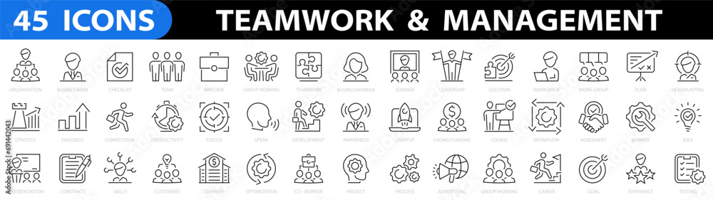 Business 45 icon set Teamwork and Management. Organisation management ...