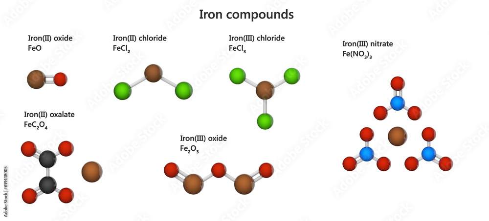 Various iron (Fe) compounds: oxide, chloride, nitrate, oxalate. 3d ...