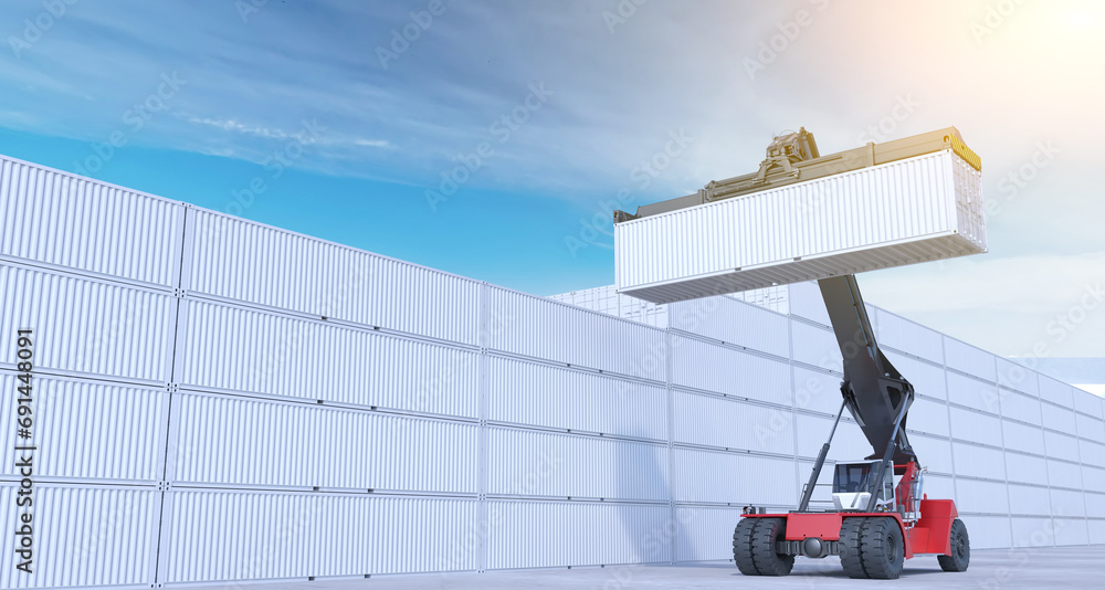 The red reach stacker (loader) lifts and loads a white white sea ...