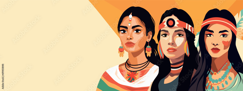 Vector flat horizontal banner for International Women's Day, indigenous ...