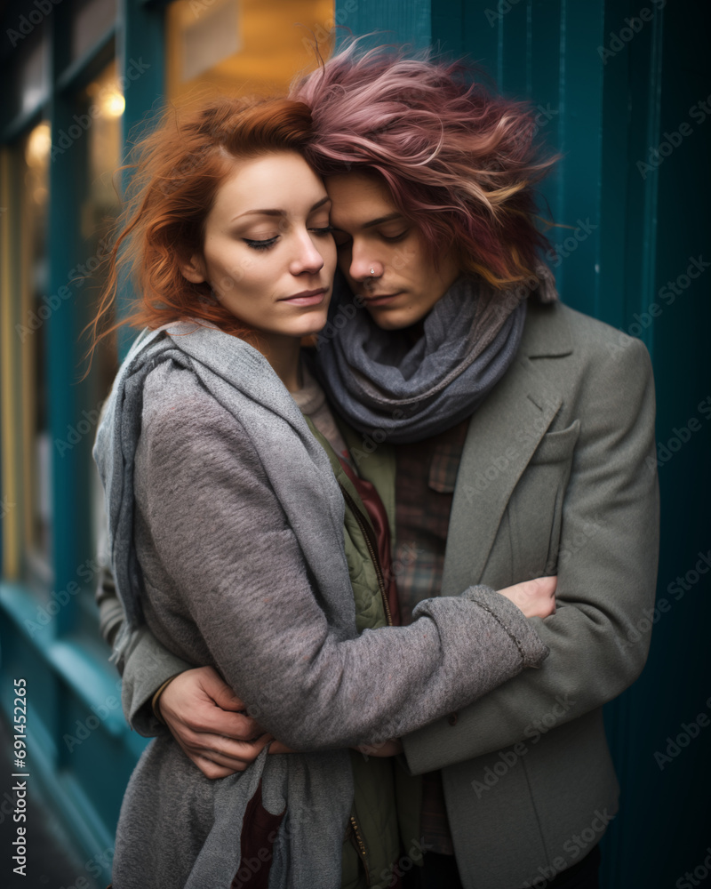 Gen-Z couple in a gentle embrace in an urban setting Stock Photo ...