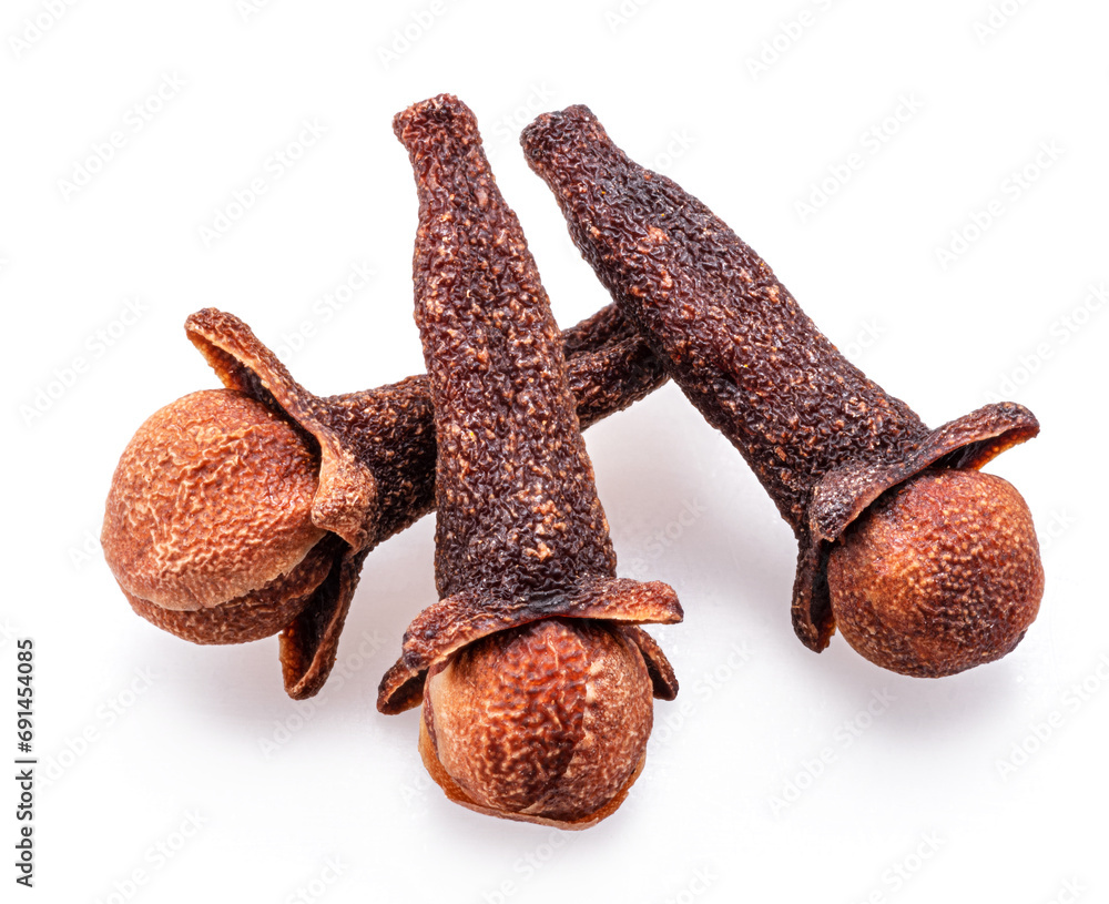 Dried cloves of dried flower buds of Syzygium aromaticum tree isolated ...