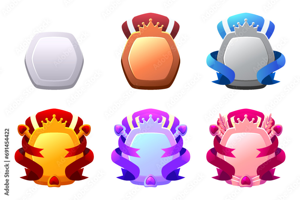 set of shield-level, template App icons badges. Isolated gold award ...