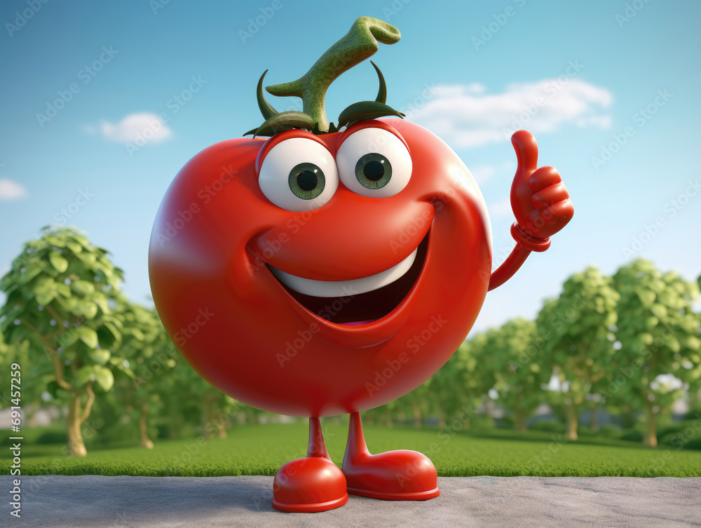 Smiling 3D tomato character with vibrant green stems, offering a thumbs ...