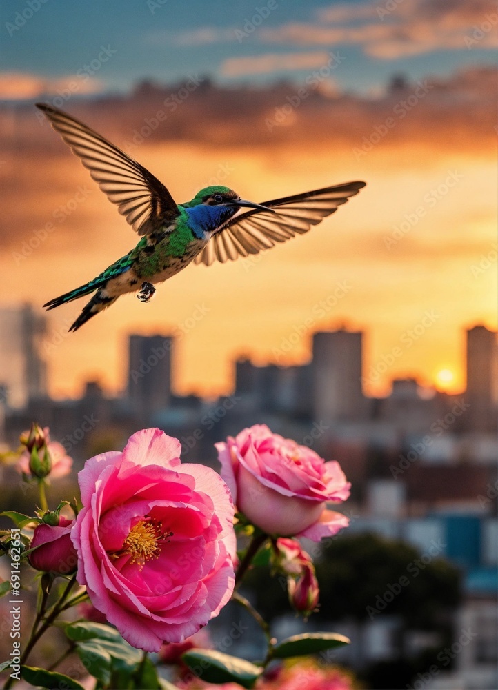 Colibrí flotando en el aire frente a una rosa de fondo se observa la ...
