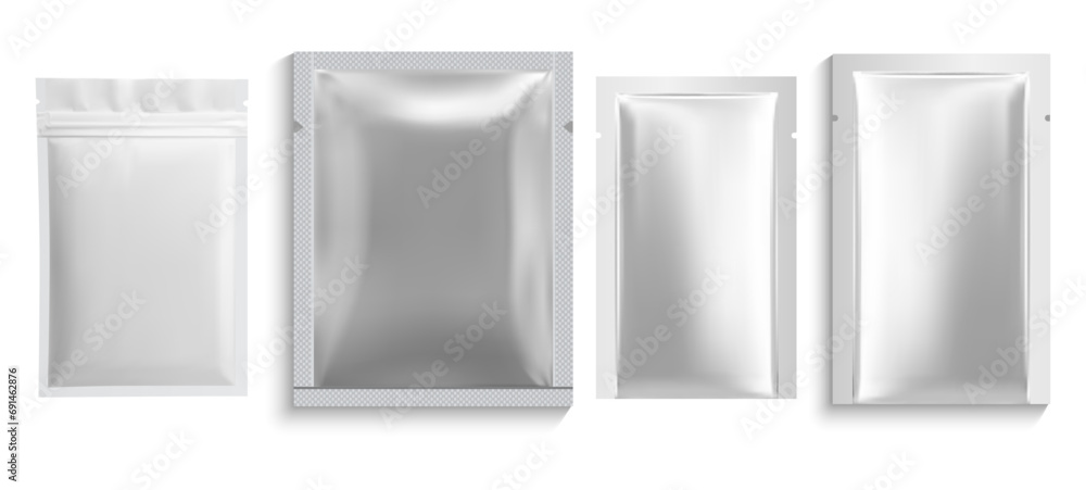 Paper sachet bag. Foil pouch mockup, white glossy plastic zipper packet ...