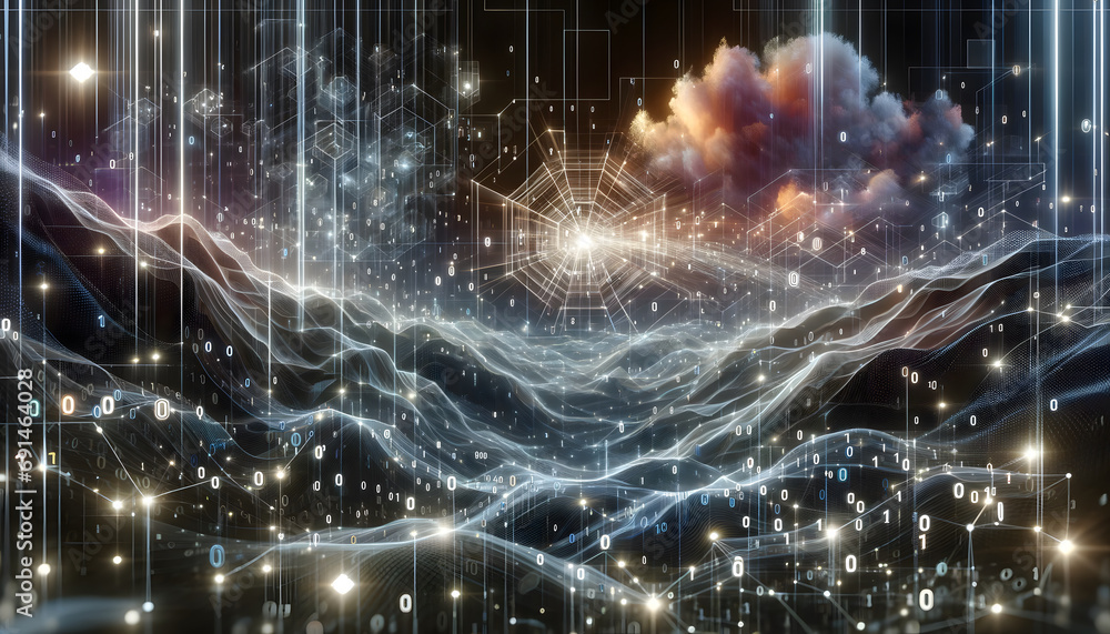 AI generated image depicts a binary code landscape with glowing 0s and ...