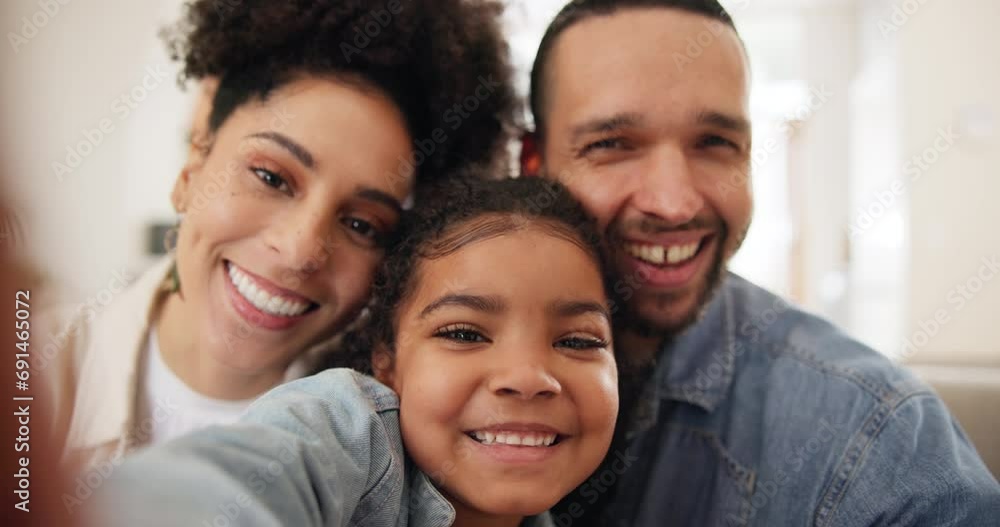 Happy family, kid and selfie with smile for profile picture, social ...