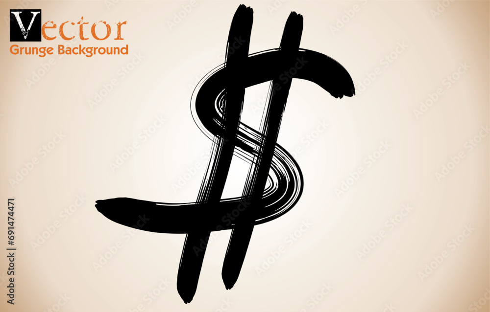 Dollar sign icon grunge. Black ink silhouette. Front side view. Vector ...