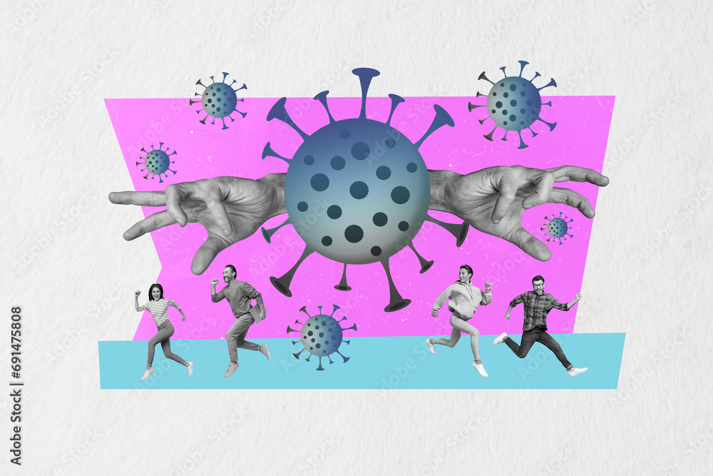 Composite collage picture image of run away people afraid virus hands catch spread epidemic ...