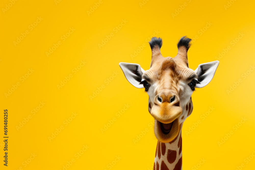 Giraffe, with a long neck, looks upwards, gesturing with its paw ...