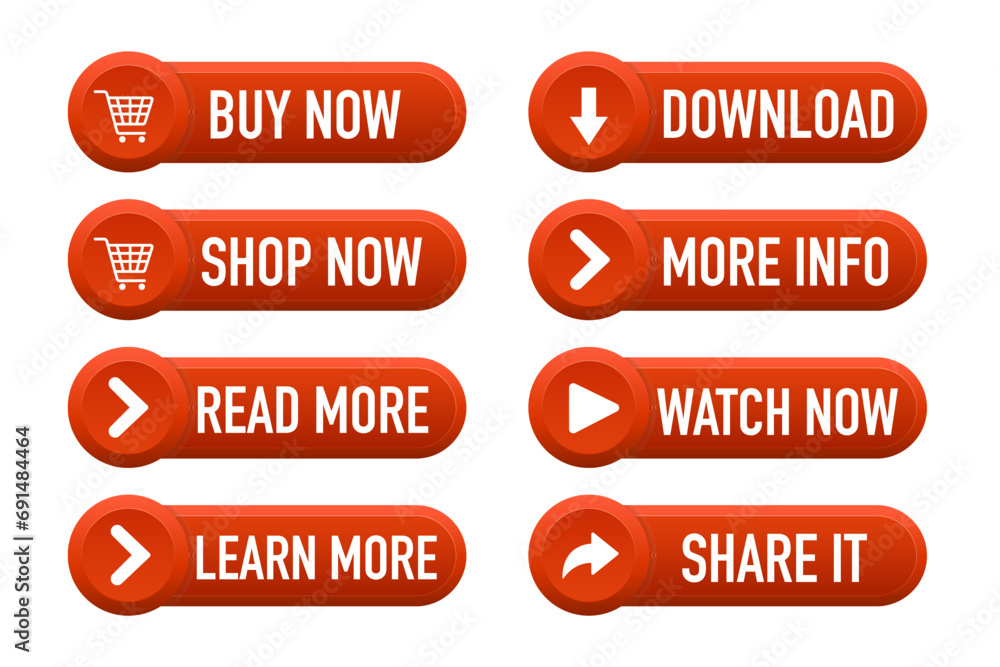 Call to action button set. Red buttons for web design. Web elements. Button for UI UX, website ...