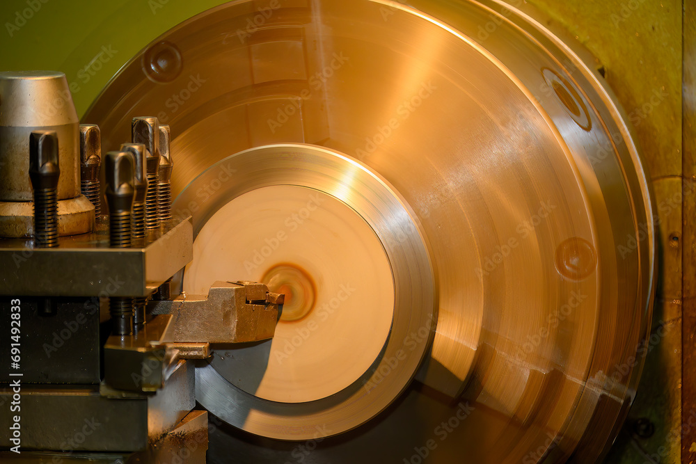 Closeup scene the lathe machine finish cut the metal parts by lathe ...