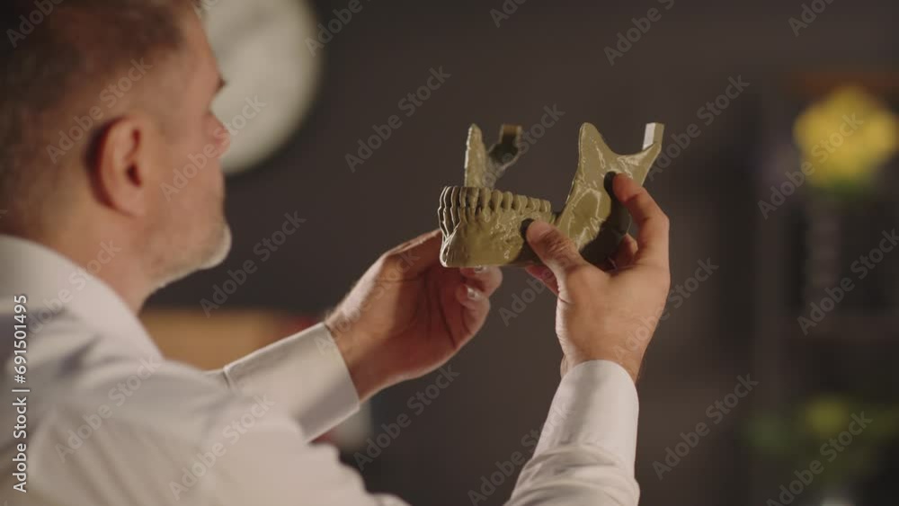 A man graphic designer sideways holds in hands and views plastic khaki ...