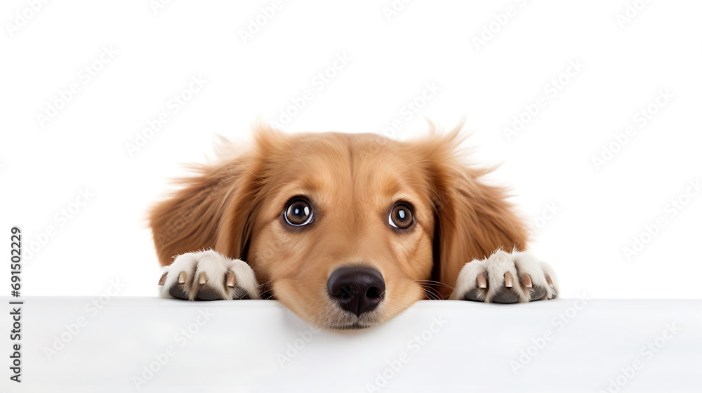 playfully peeking dog Golden Retriever, isolated on a white background ...