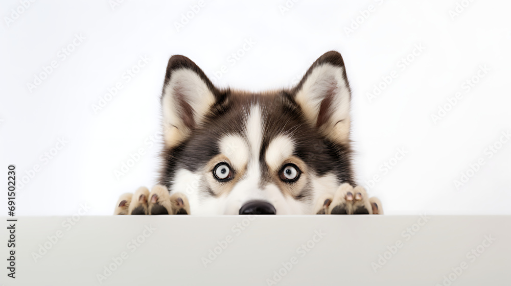 playfully peeking dog Siberian huskey isolated on a white background ...