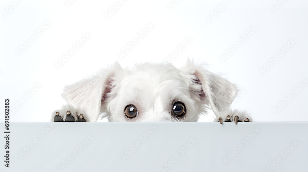 playfully peeking dog isolated on a white background. Only its curious ...