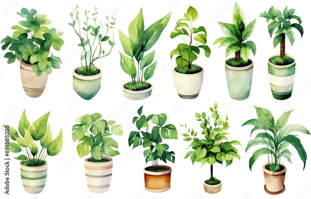 watercolor style illustration of cute tropical foliage green leaf pot ...