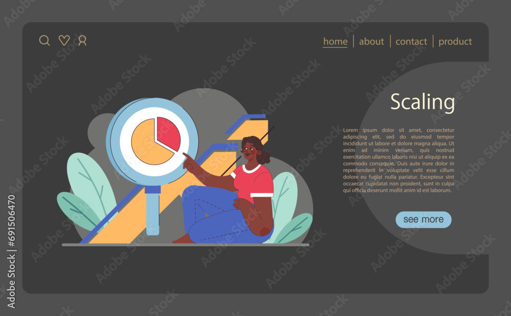 Scaling concept. Woman analyzes pie chart growth, business performance ...