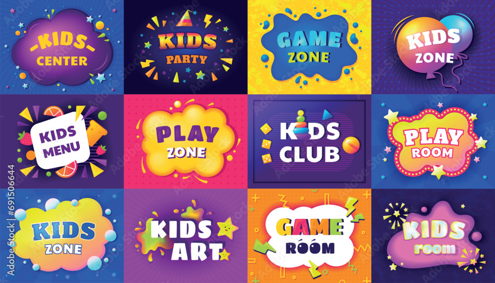 Kid background. Children game party, fun banner with child signs, color ...