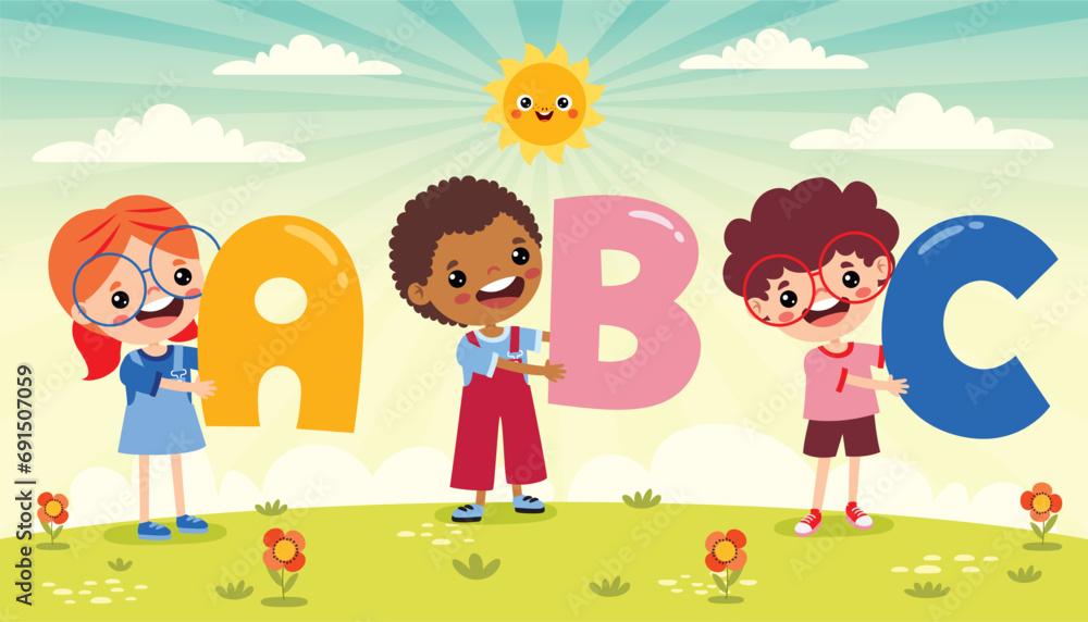 Cartoon Kids Posing With Alphabet Letter Stock Vector | Adobe Stock