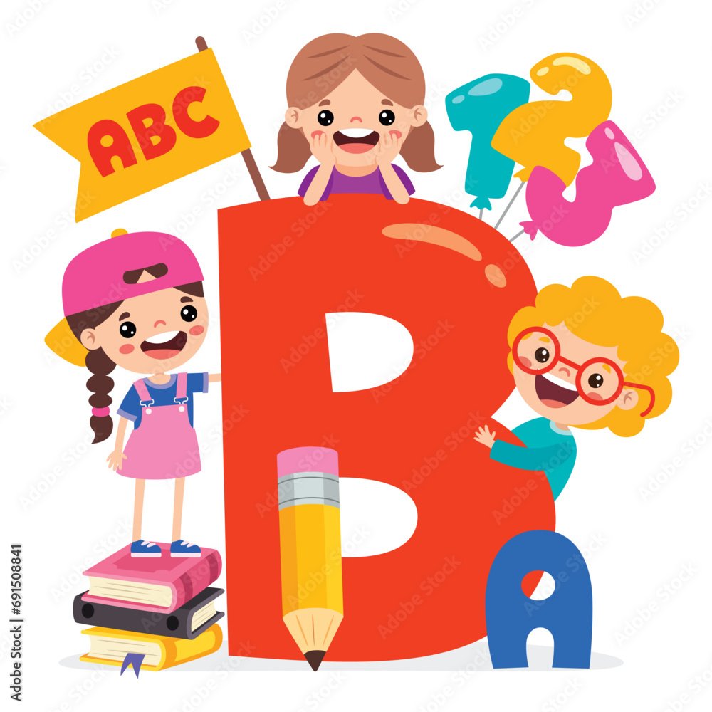 Cartoon Kids Posing With Alphabet Letter Stock Vector | Adobe Stock