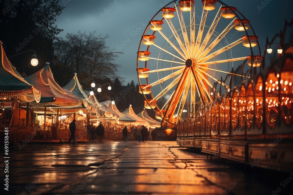 Carnival amusement park with rides that are lit up with colored lights ...