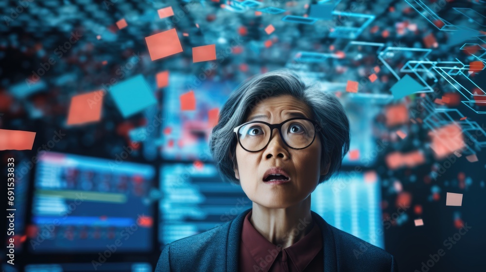 Business person overloaded by stress from business data and information ...