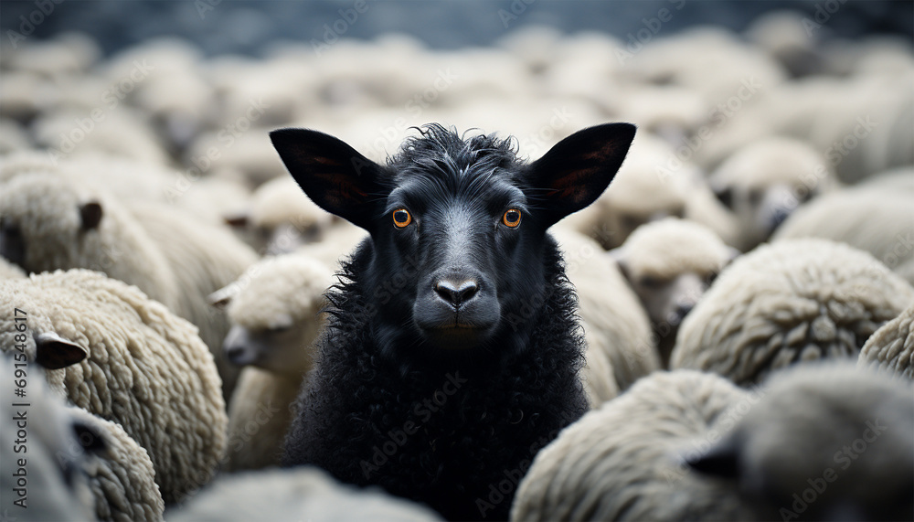 Lonely black sheep. Standing out of the crowd. Dare to be different ...