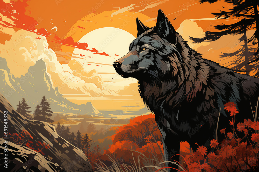 The wolf's art life, depicted in block print style, embodies the ...