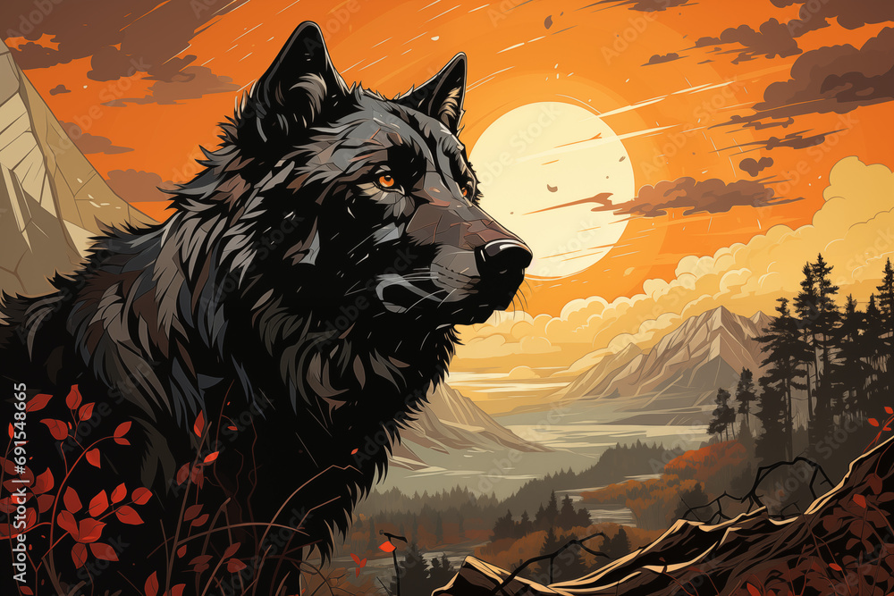 The wolf's art life, depicted in block print style, embodies the ...