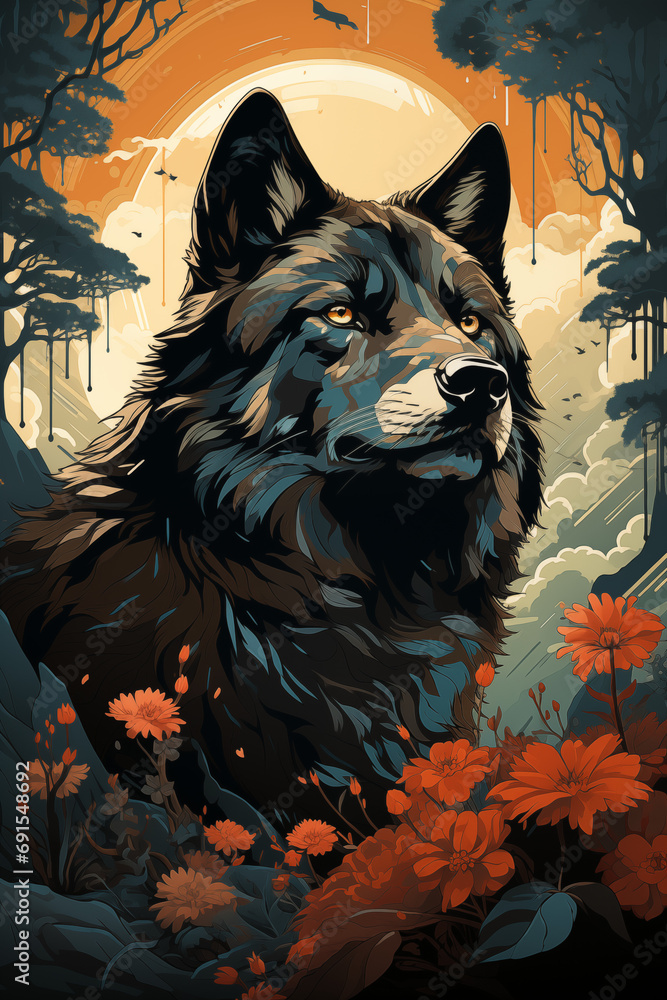 The wolf's art life, depicted in block print style, embodies the ...