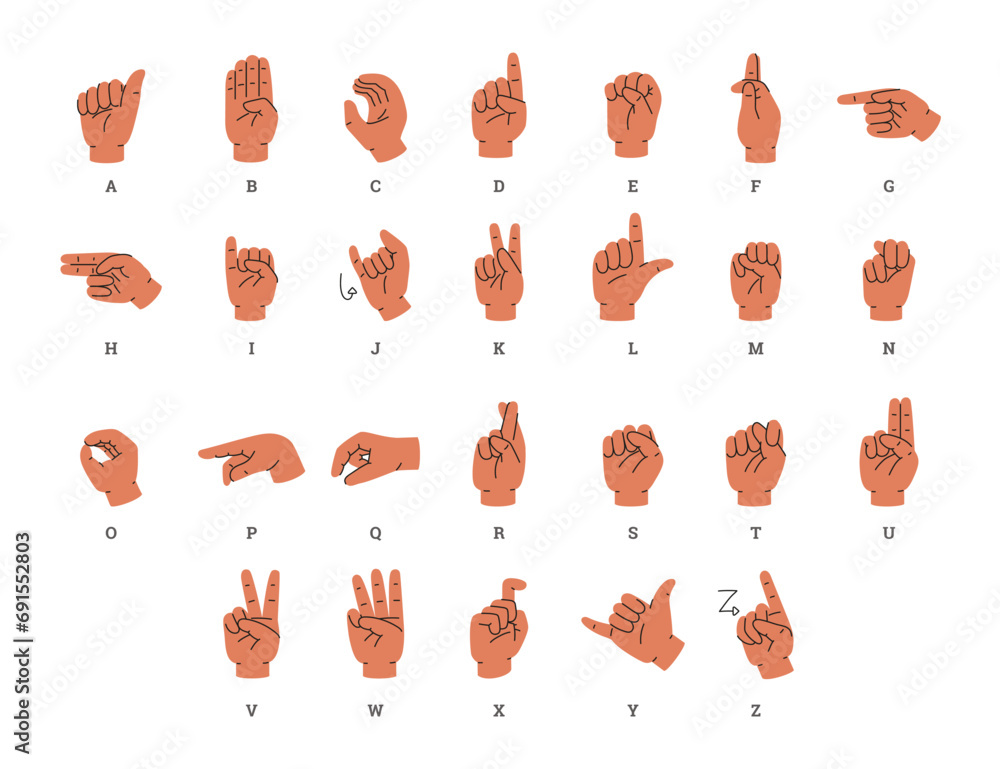 Alphabet in sign language for people with deafness, flat vector ...