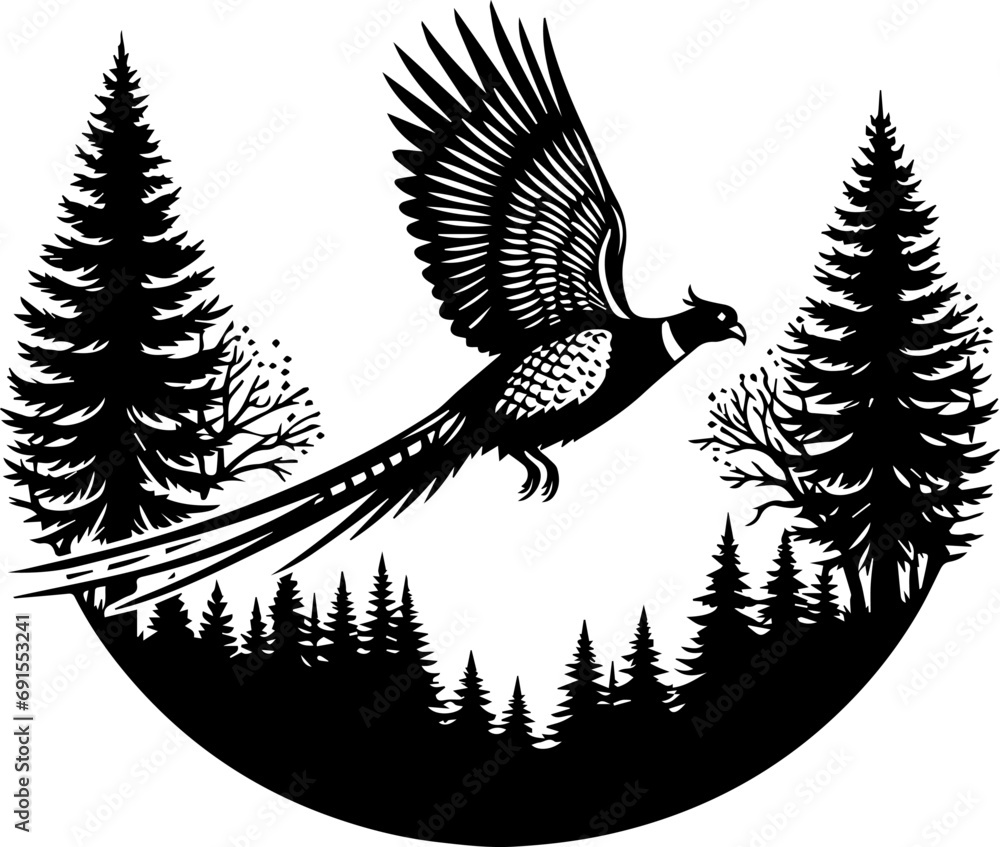 Flying Pheasant Silhouette Vector, Black Silhouettes Of Pheasant In ...