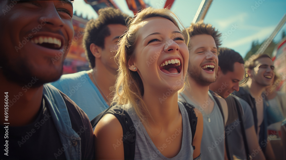 Daytime Roller Coaster Ride: A group of friends excitedly waiting in ...